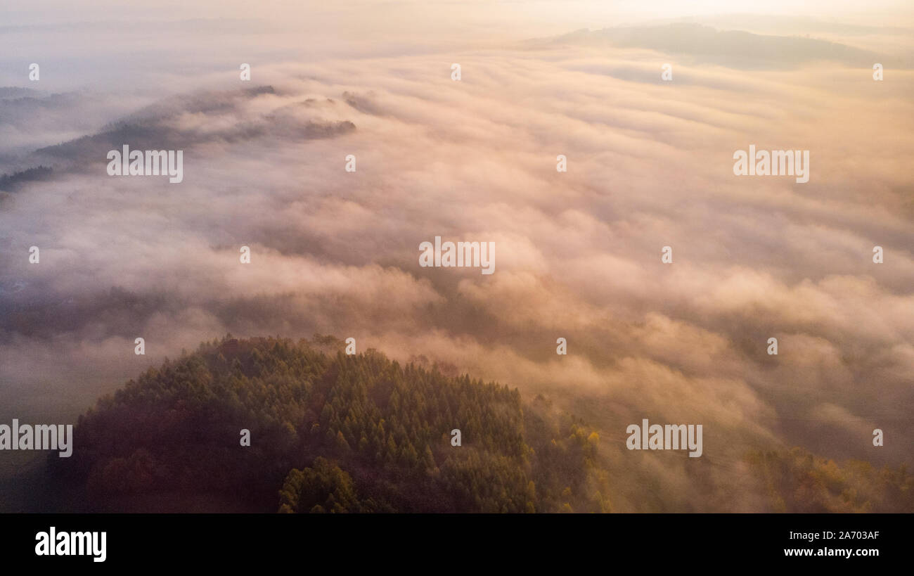 Aerial View on Fog and Clouds Above Forest at Autumn Sunrise Stock ...