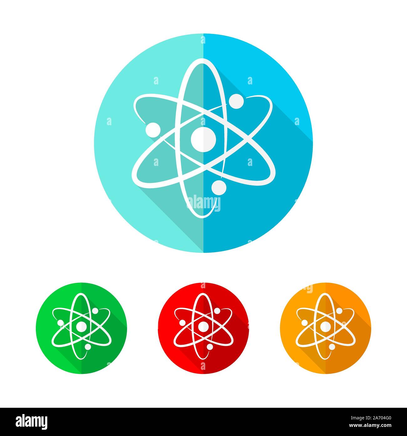 Set of colored atom icons. White atom sign with long shadow. Vector ...