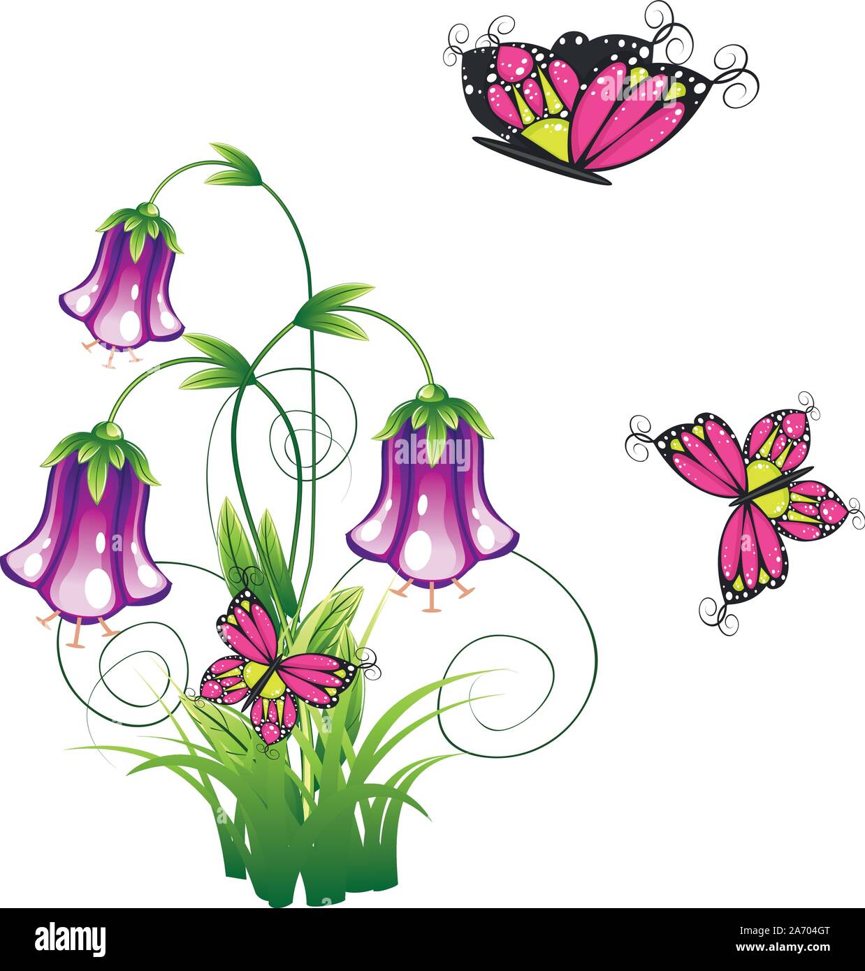 Cartoon bluebell flower with green leaves and swirls Stock Vector Image ...