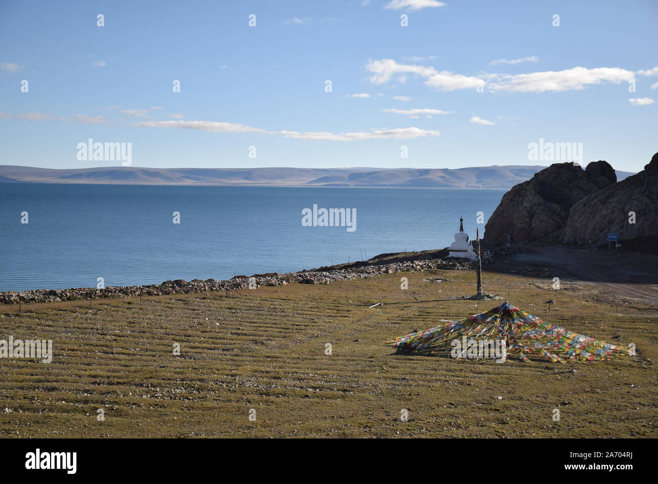 View of Namtso lake with snow capped mountains, Tibet. Namtso is the ...