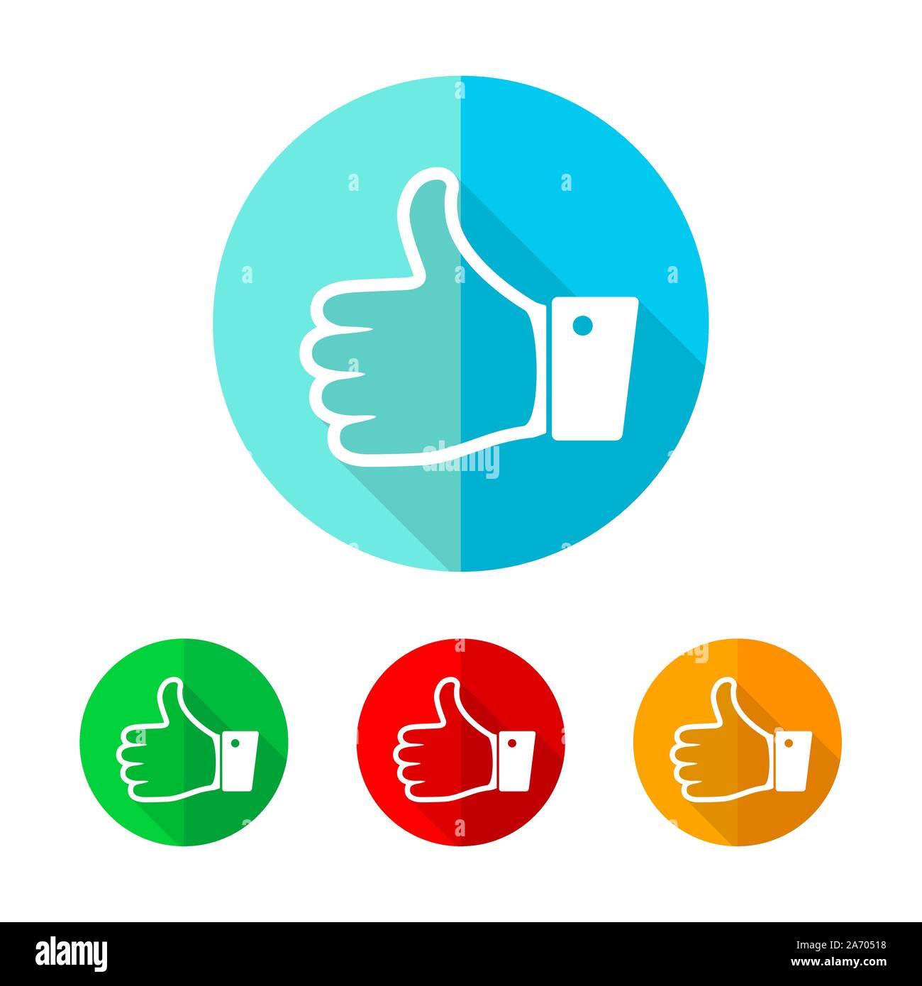 Set of colored thumb up icons. White thumb up with long shadow. Vector ...