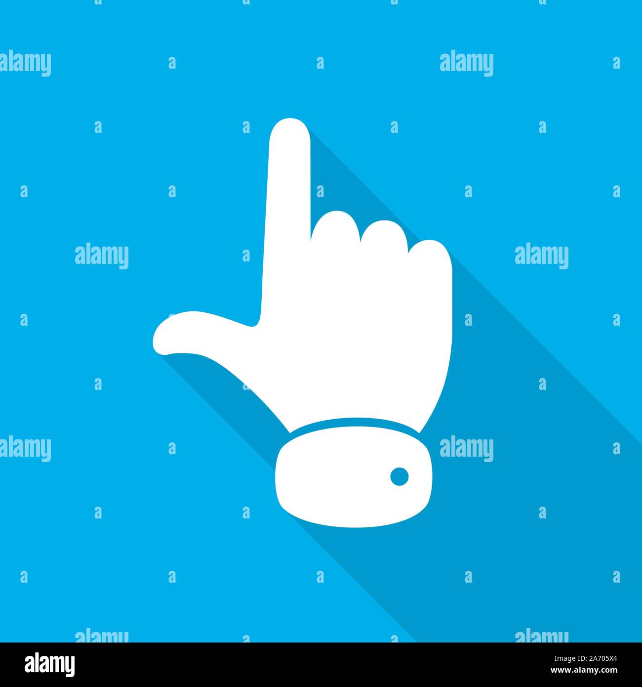 Hand cursor icon with long shadow on blue background. White click icon ...