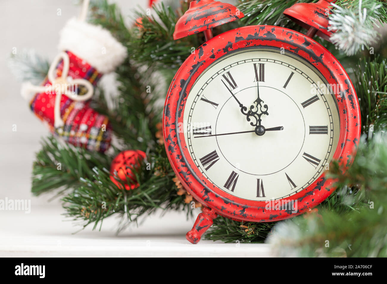 Christmas greeting card with decorated fir tree and alarm clock Stock ...