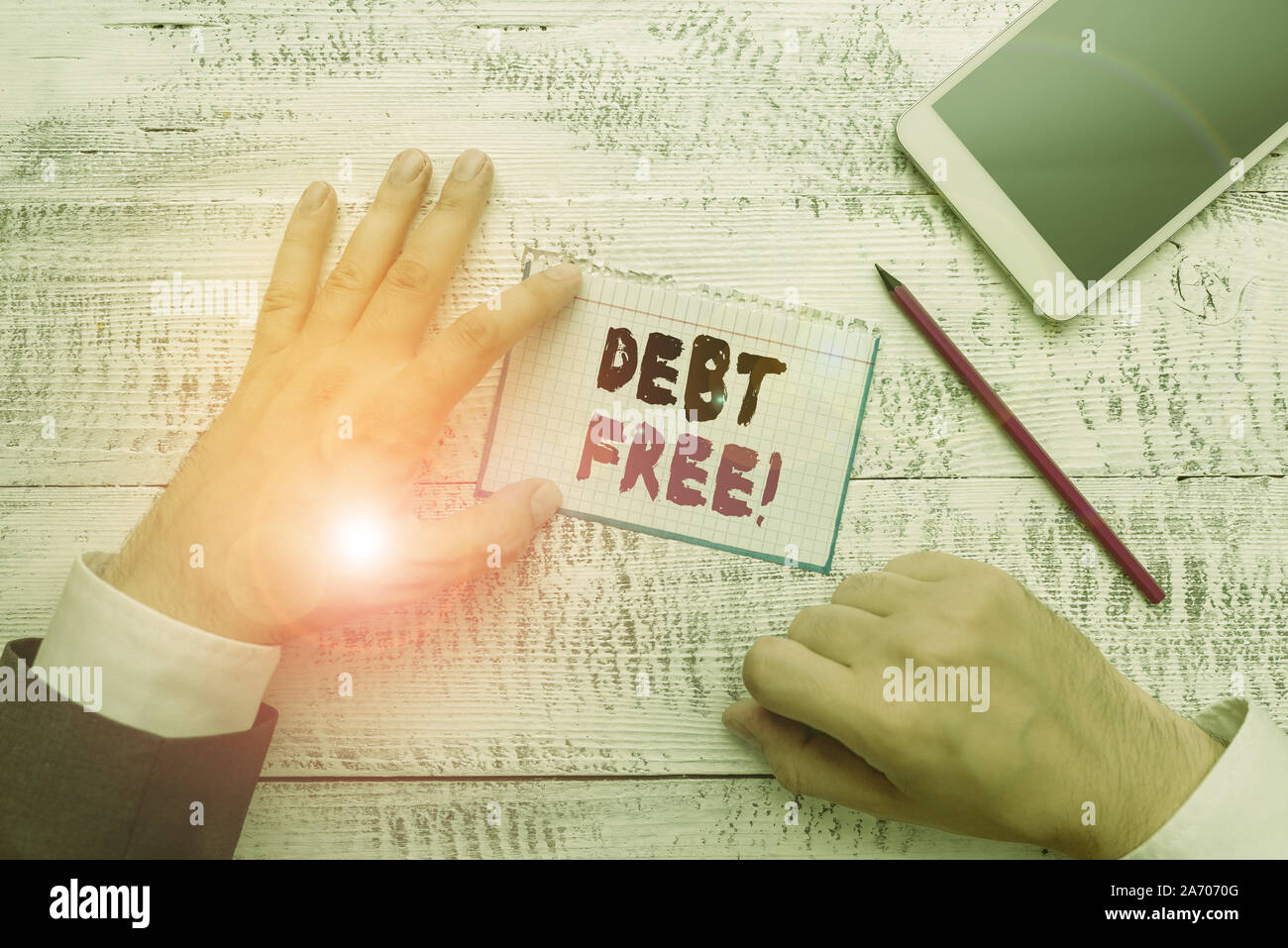 Conceptual hand writing showing Debt Free. Concept meaning does not ...