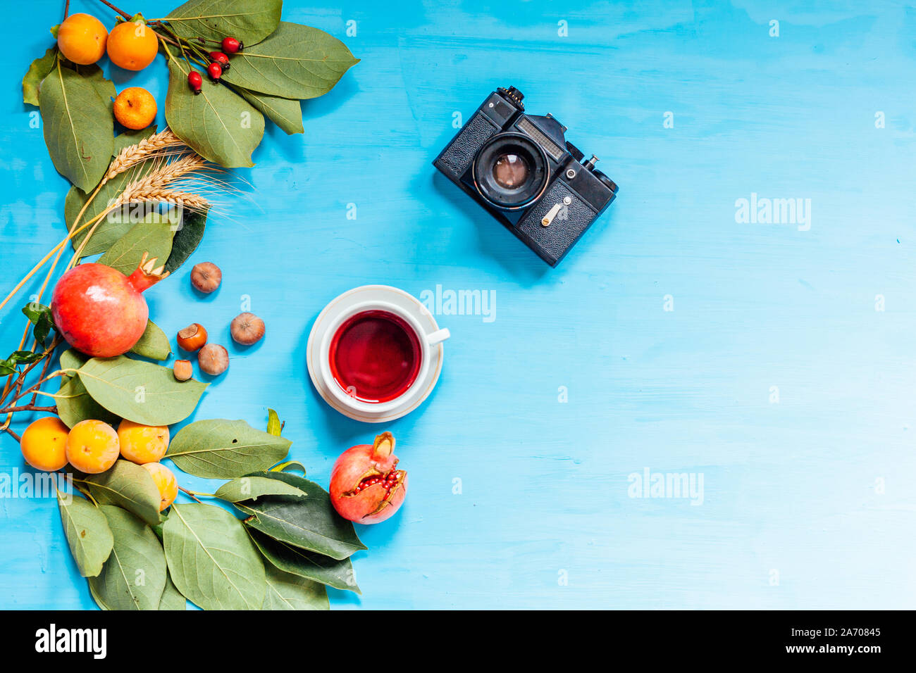 autumn fruits, nuts, pomegranate on blue background Stock Photo - Alamy