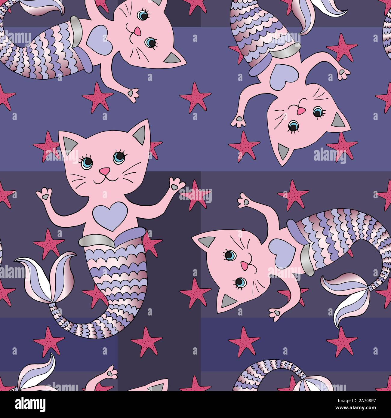Cat mermaid vector seamless pattern. Hand drawn abstract cartoon girly ...