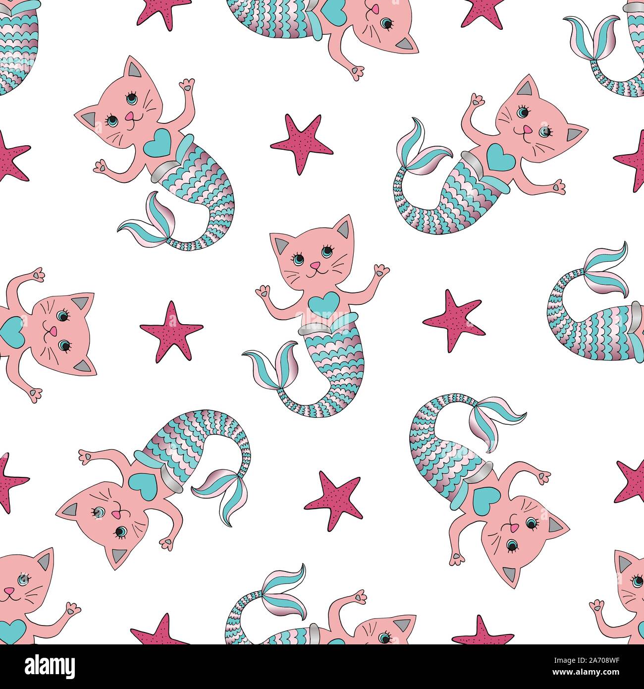Cat mermaid vector seamless pattern. Hand drawn abstract cartoon girly ...