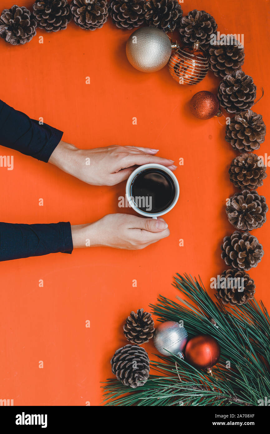 Christmas background with gifts and Christmas tree tea cup fruit Stock ...