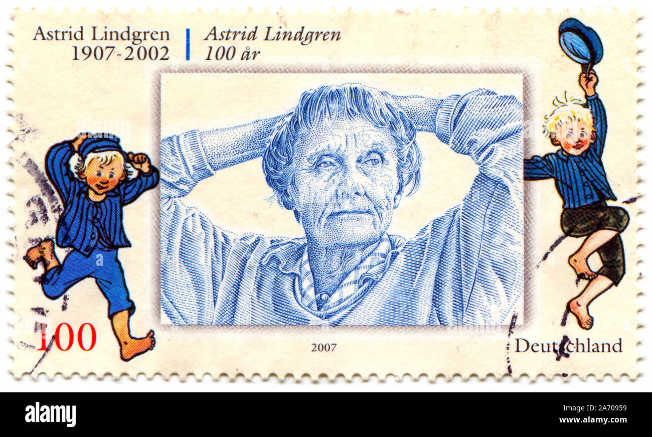 postage stamp printed in Germany shows image portrait of famous Swedish ...