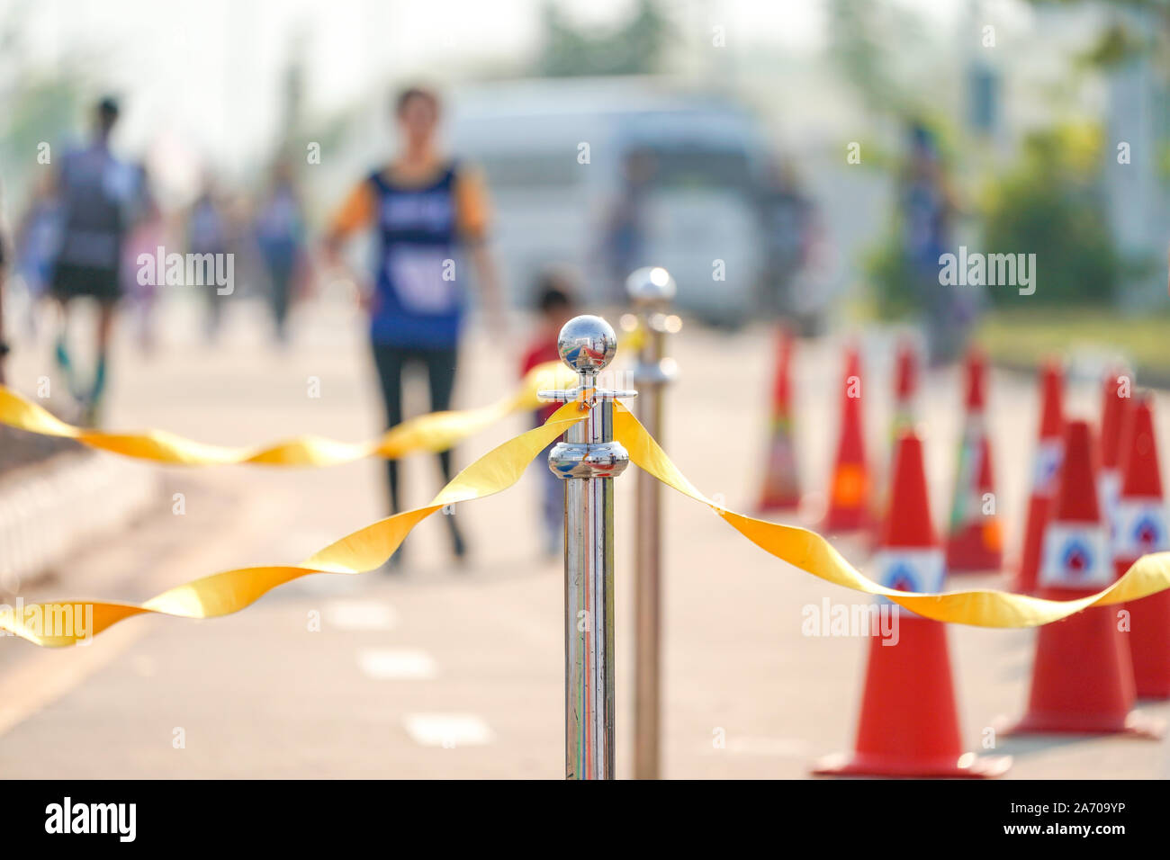 luxury stainless barricade with yellow rope ribbon on the road in ...