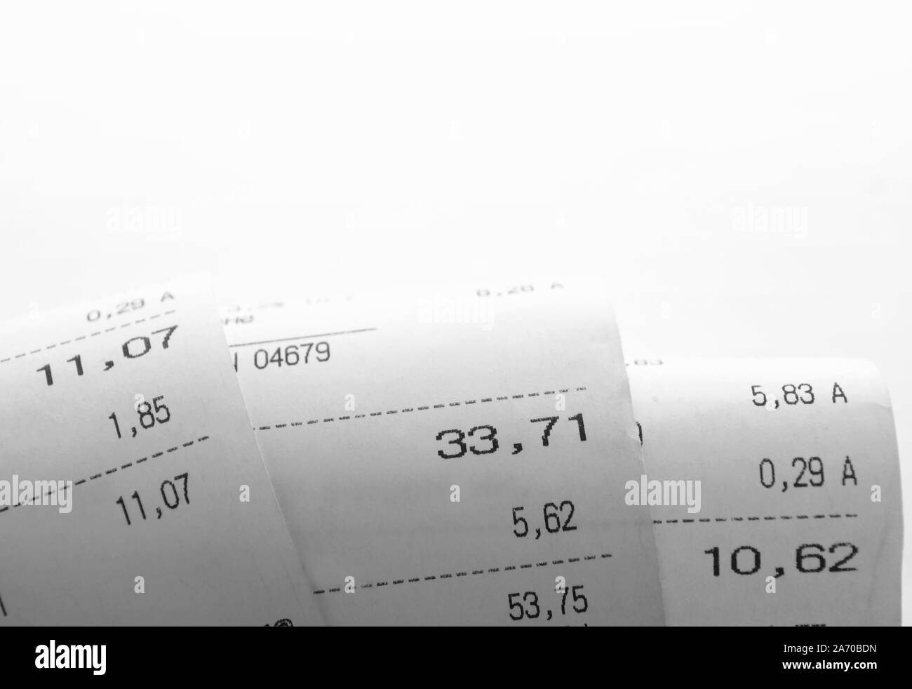 receipt paper a description of purchases on a white background and copy ...