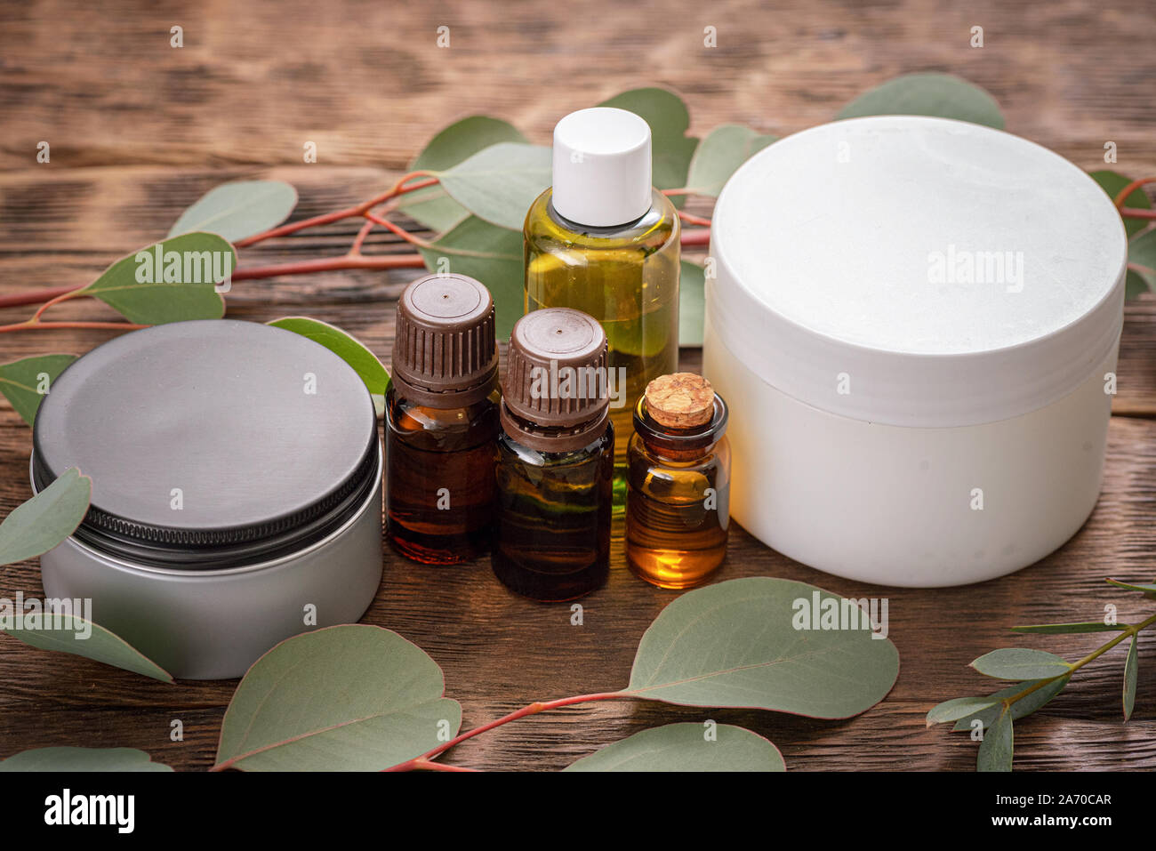 Eucalyptus face cream moisturizer in a jar and aromatherapy oil bottles ...