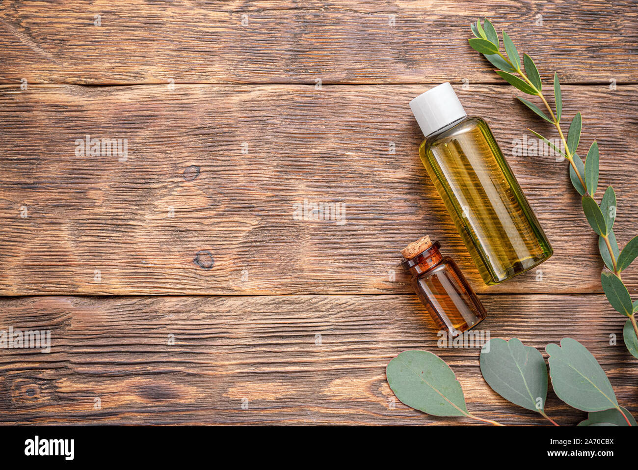 Eucalyptus essential oil and eucalyptus tree branch with green leaves ...