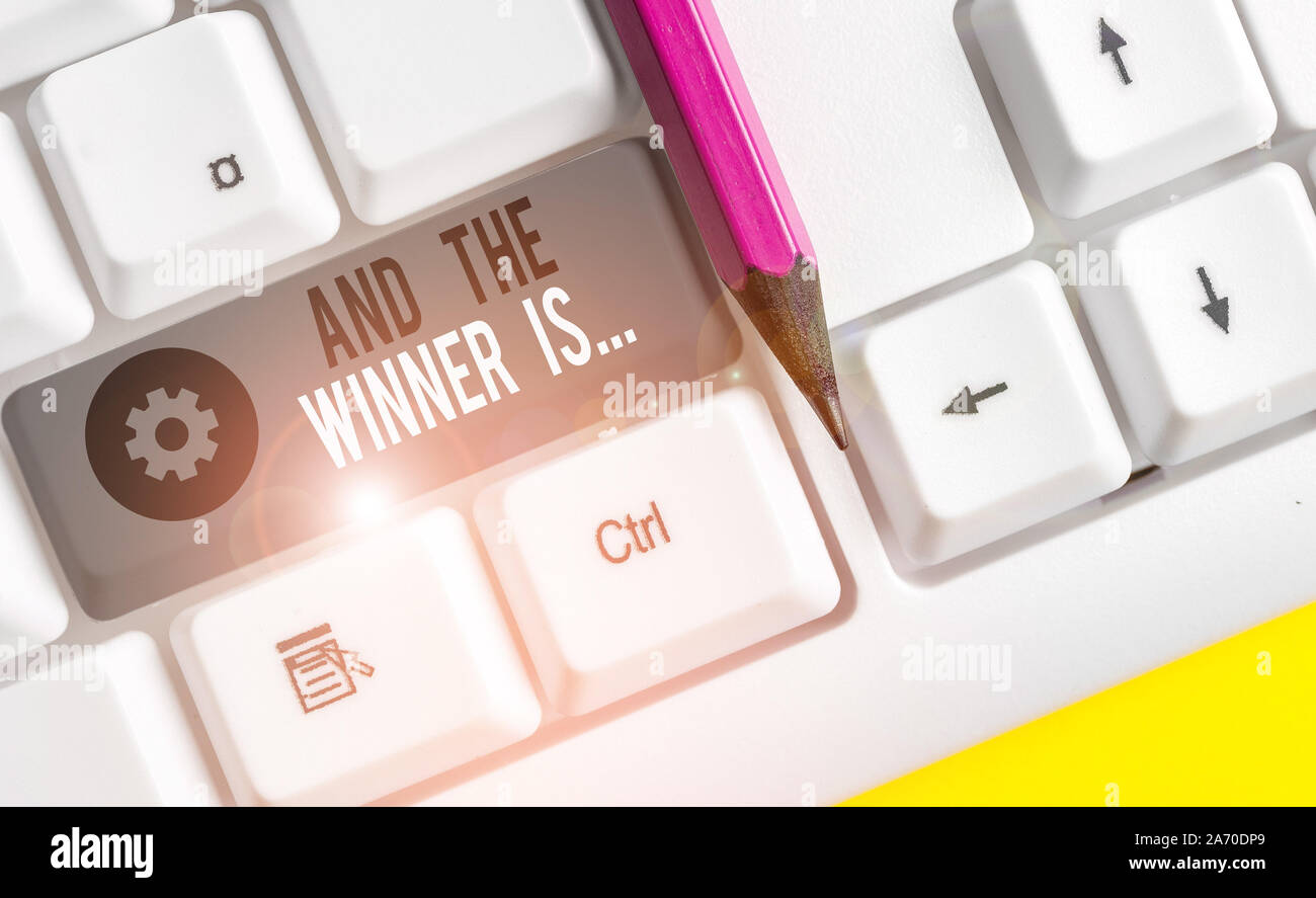 Text sign showing And The Winner Is. Business photo showcasing ...