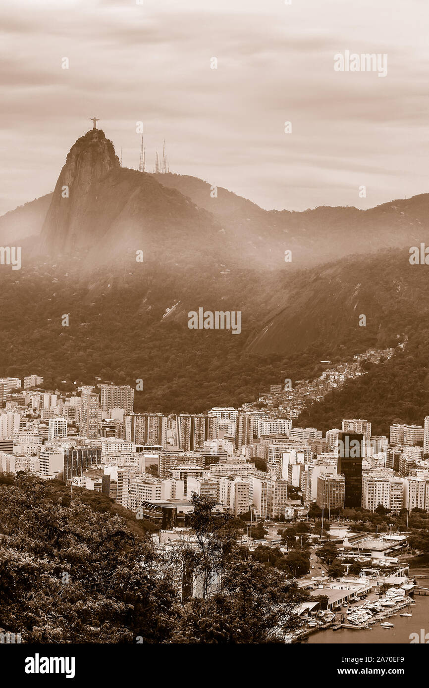 View of sepia toned buildings in the city of Rio de Janeiro with ...