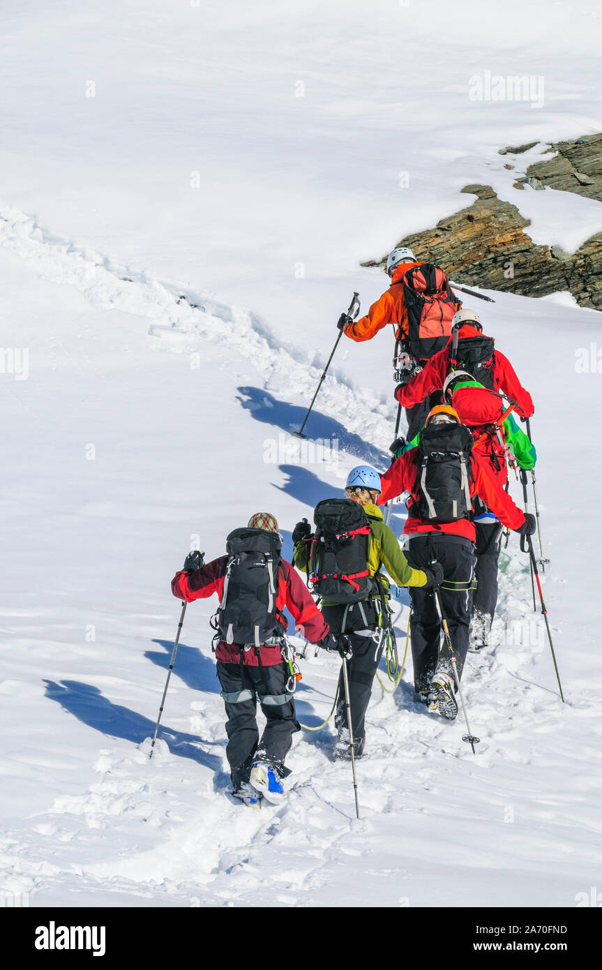 Rope team ascending to mountain top in high alpine region of Monte Rosa ...