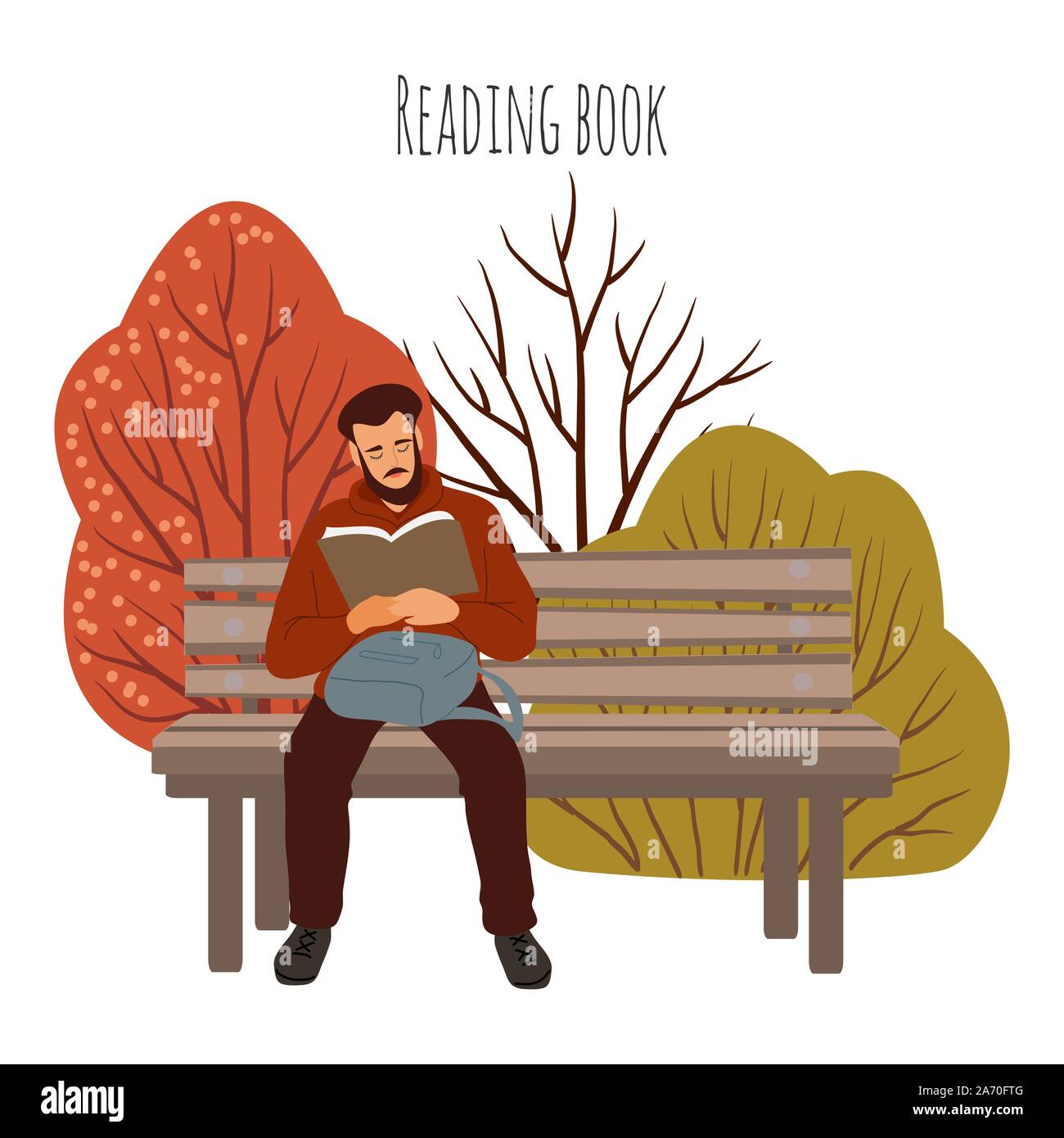 Reading man outdoor sitting on bench with book. Vector flat ...