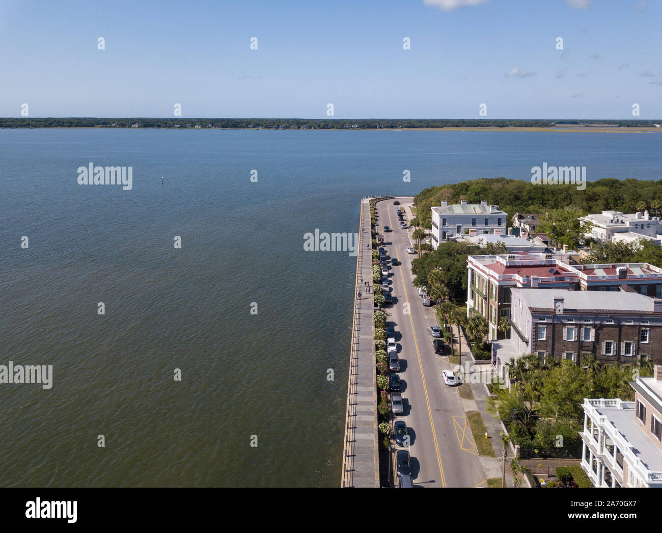 Aerial rooftop view of the historic district and waterfront of ...