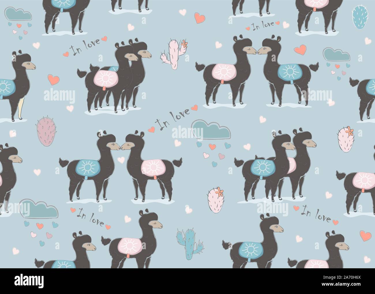 Cute seamless pattern with hand drawn alpacas, cacti, hearts, and ...