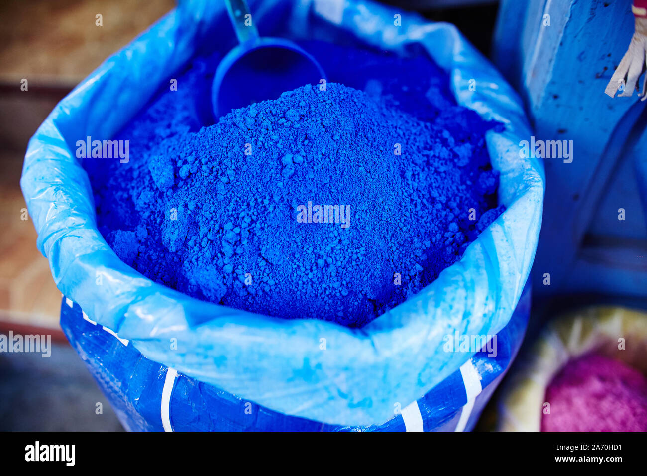 Bag with blue pigment colour in Morocco, Chefchaouene. Variety of ...