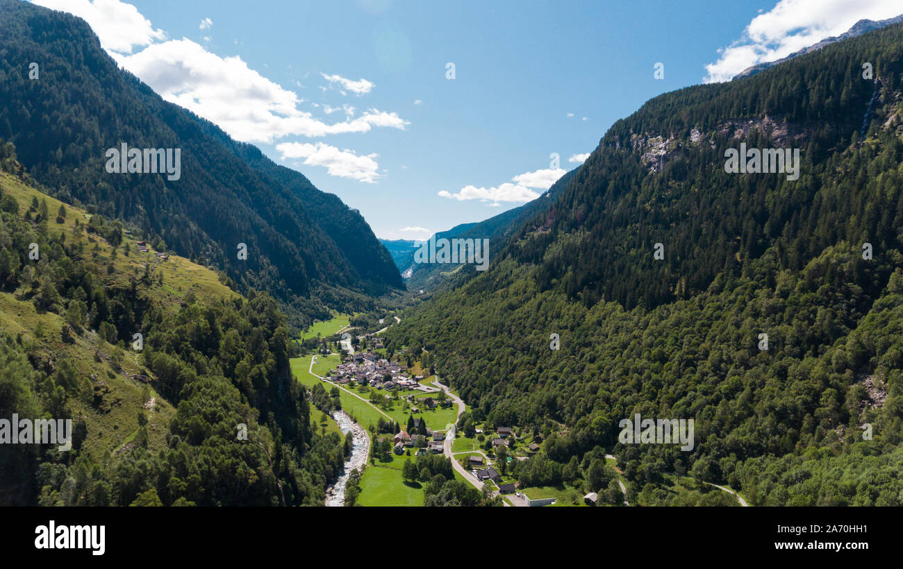 Aerial view of the Rossa valley in the canton Grisons in Switzerland ...