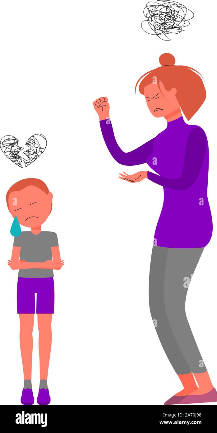 Frustrated angry face mother screams at crying son, little boy is upset ...