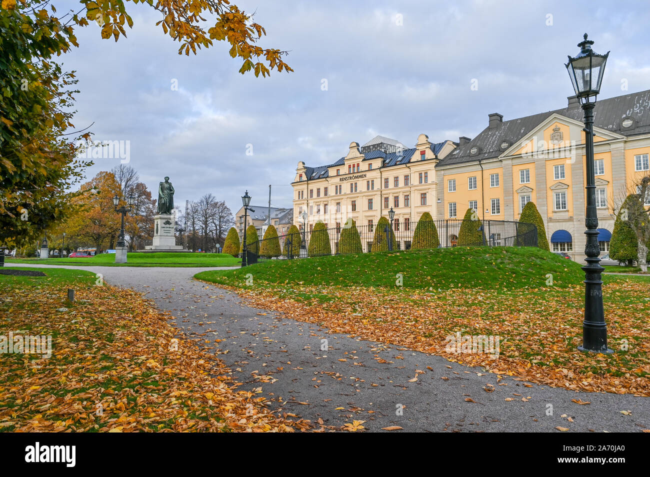 Carl Johans park with the statue of king Karl Johan XIV during fall in ...