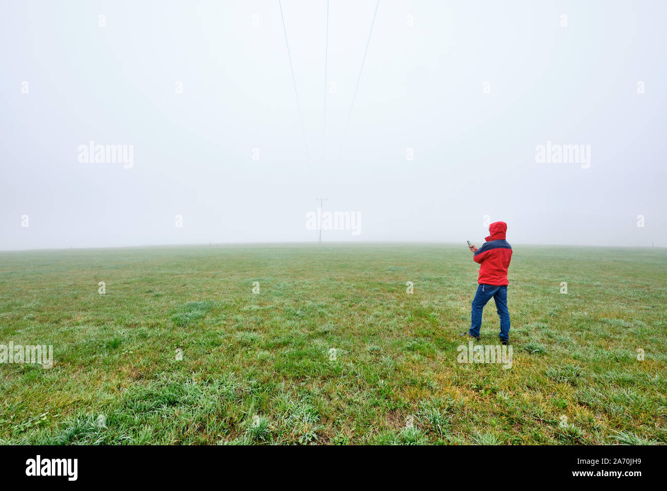 Rear view of man in red jacket standing on a green meadow and looking ...
