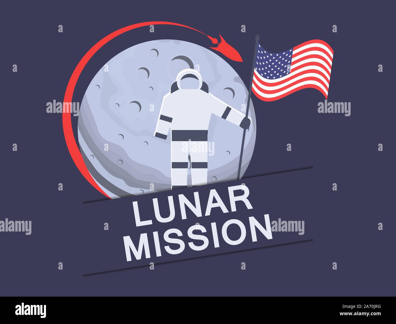 Lunar mission. Astronaut with american flag on the moon. Rocket flying ...