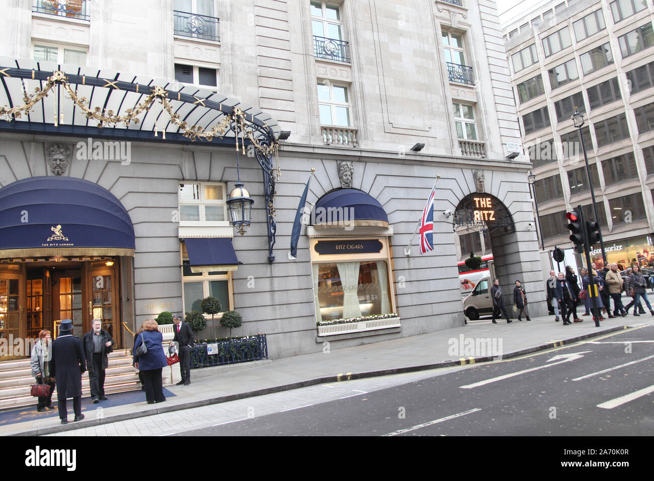 Entrance to The Ritz Hotel looking North on Arlington Street, Mayfair ...