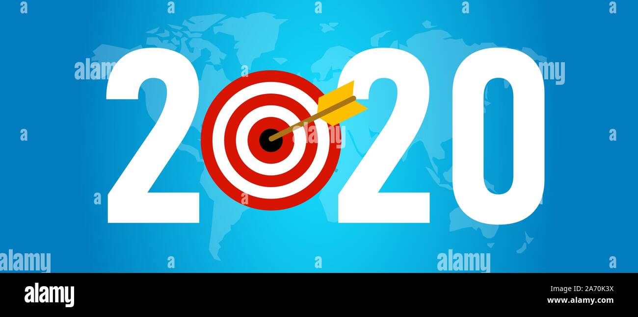 2020 target new resolution. Symbolize with dart arrow world map in blue ...