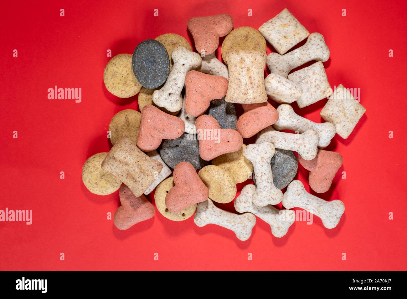 A pile of multi-coloured dog biscuits on a red background nobody in the ...