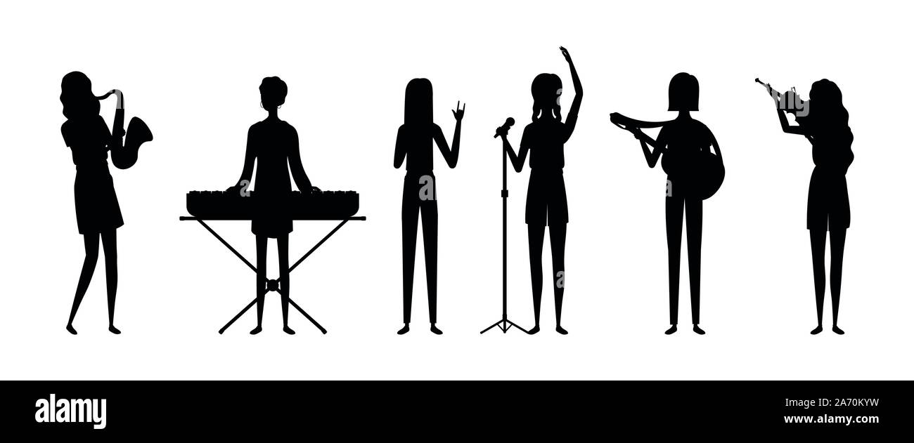 group music band playing instruments silhouettes Stock Vector Image ...