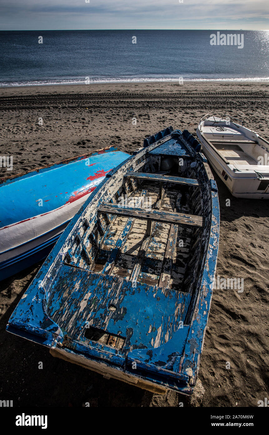 very old ships at the beach of Gibraltar, Spain Stock Photo - Alamy