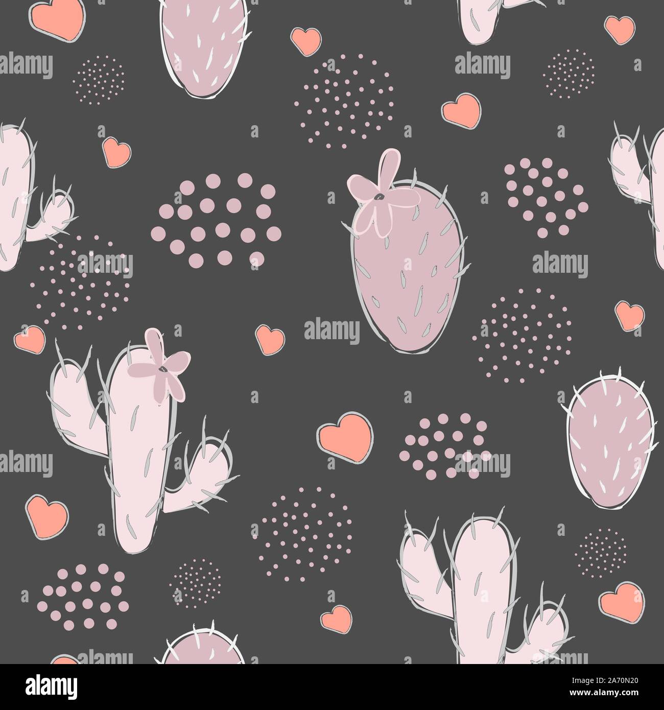 Cute pink cacti and hearts on black background. Vector Illustration ...