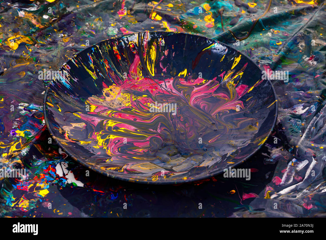 container with multi-colored paints. paint residues after painting ...
