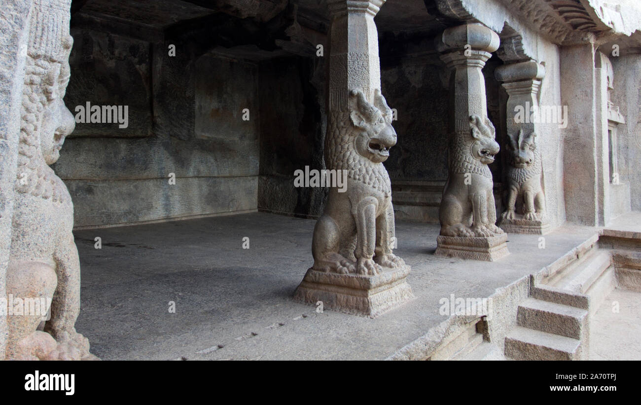 The Pallava cave temples - Lion pillars - Mahabalipuram (Mamallapuram ...