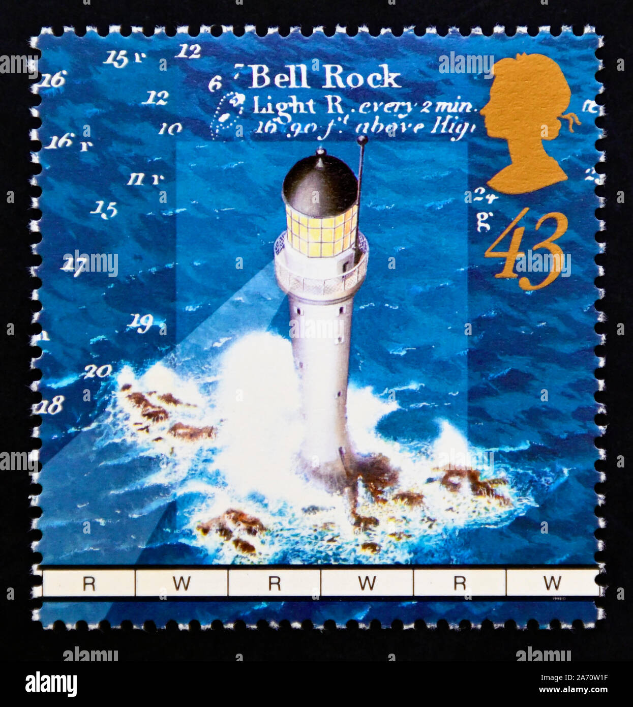 Postage stamp. Great Britain. Queen Elizabeth II. Lighthouses. Bell ...