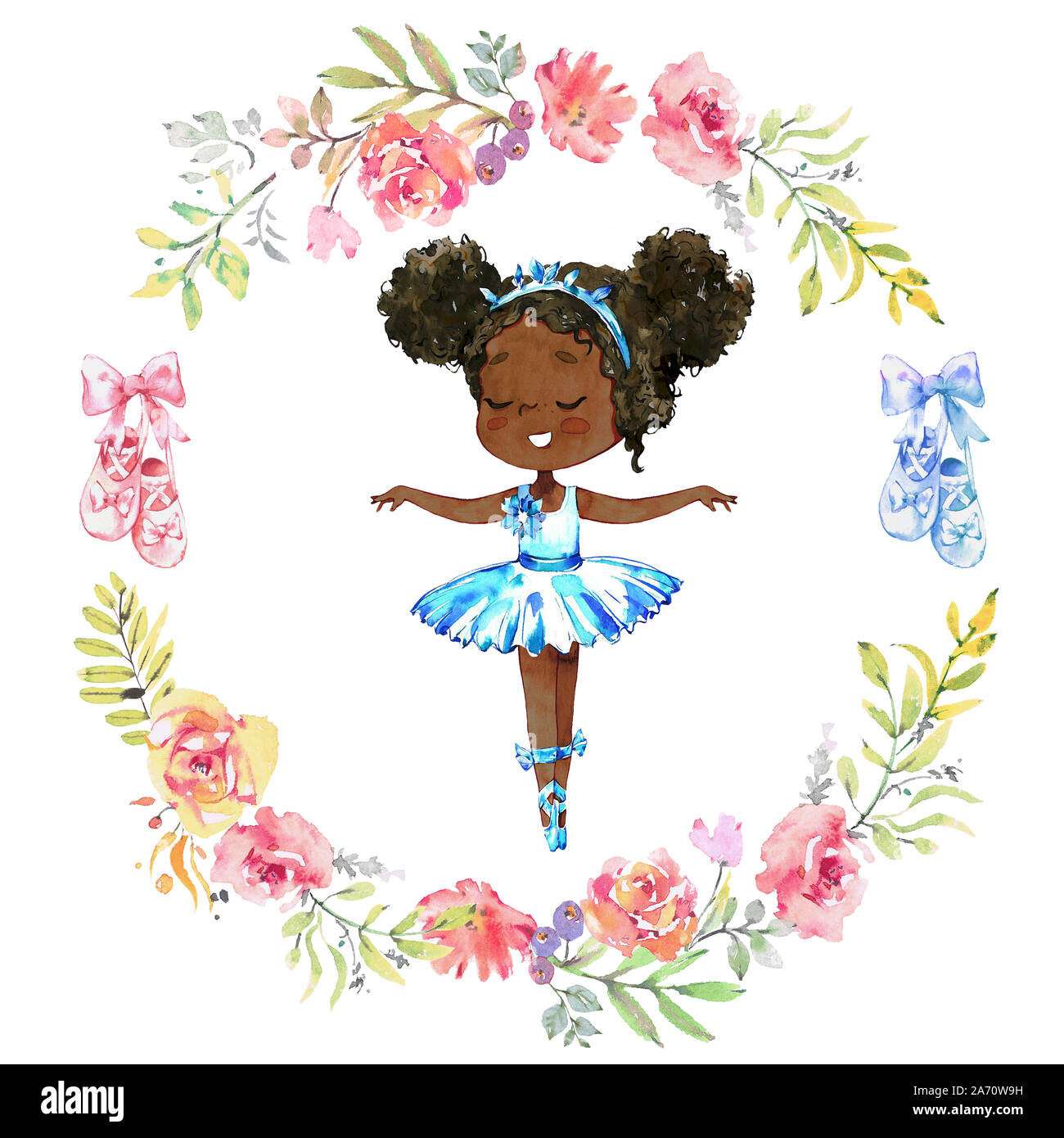 Watercolor Dancing African American Ballerina. Ballet Girl Surrounded ...