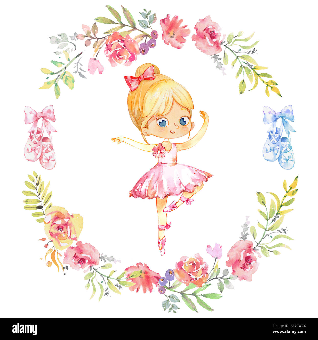 Cute Watercolor Ballerina. Girl Surrounded by floral Vignette and ...