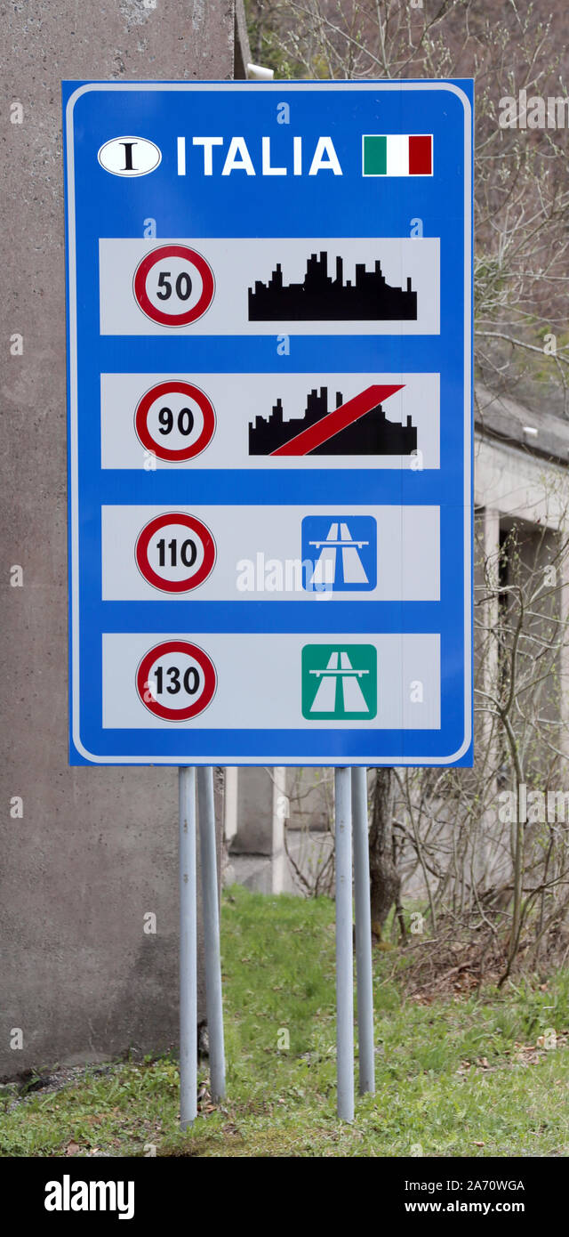 Road sign with the signals of speed limits on the Italian border Stock ...