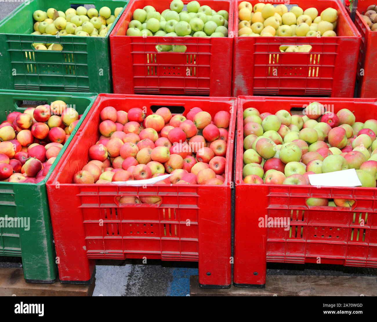 big boxes of ripe apples for sale at market Stock Photo - Alamy