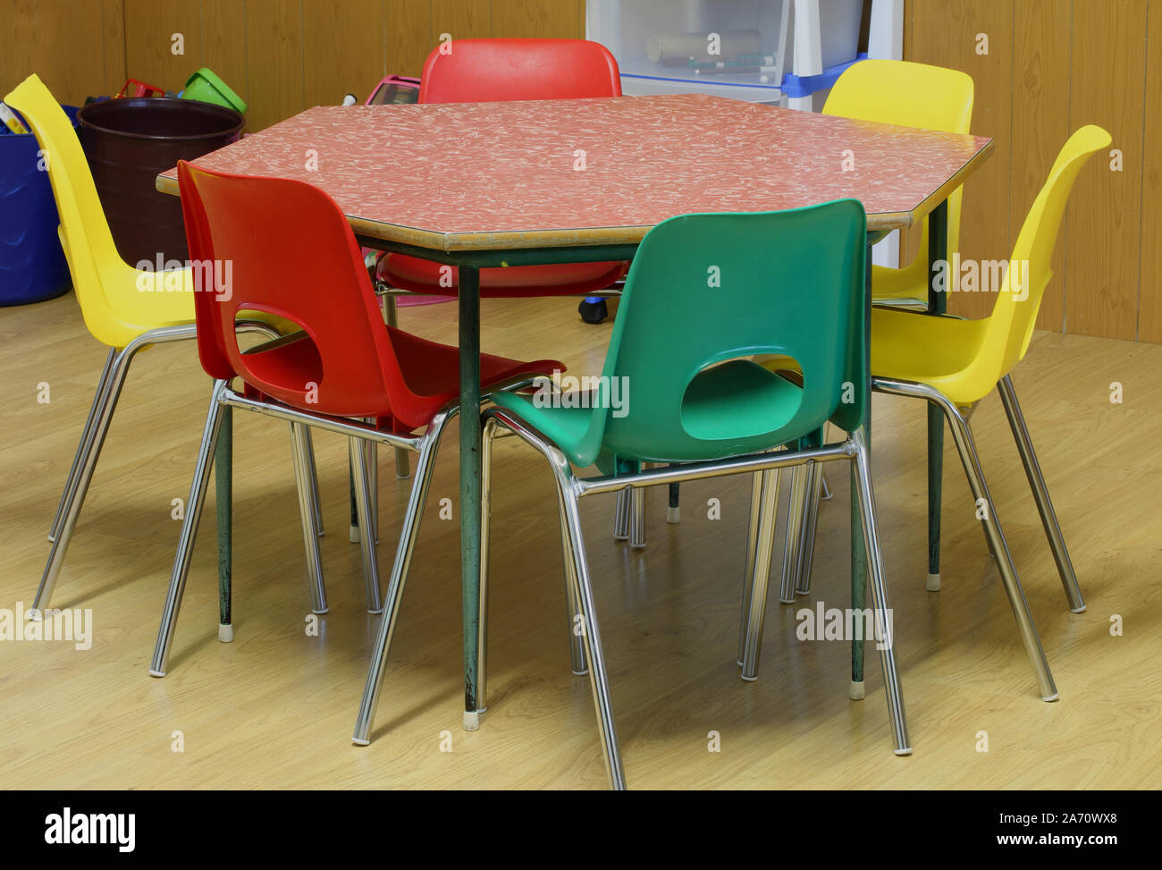 table with chairs in elementary school with parquet wood floor Stock ...