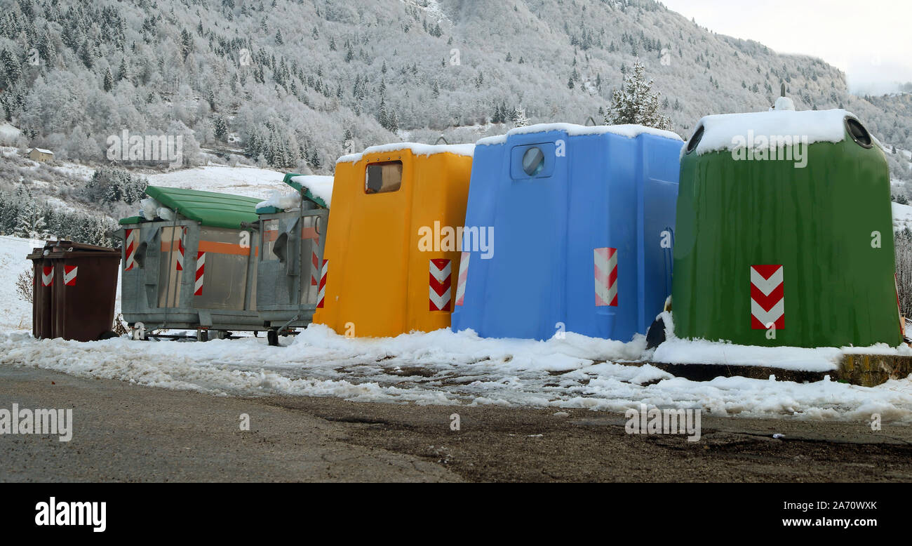many bins for the collection of waste in the mountain town Stock Photo ...