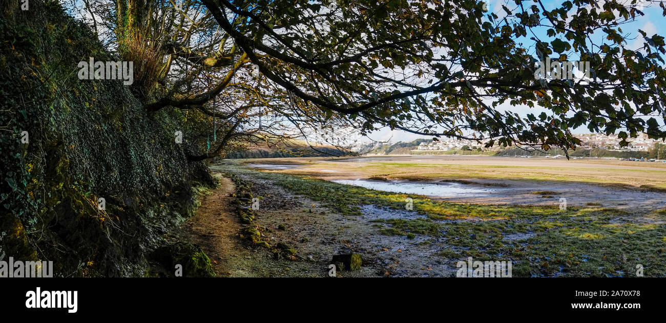 A panoramic view of the Gannel River in the Gannel Estuary in Newquay ...
