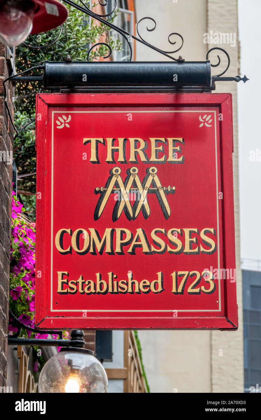 Sign for the Three Compasses public house in Cowcross Street ...