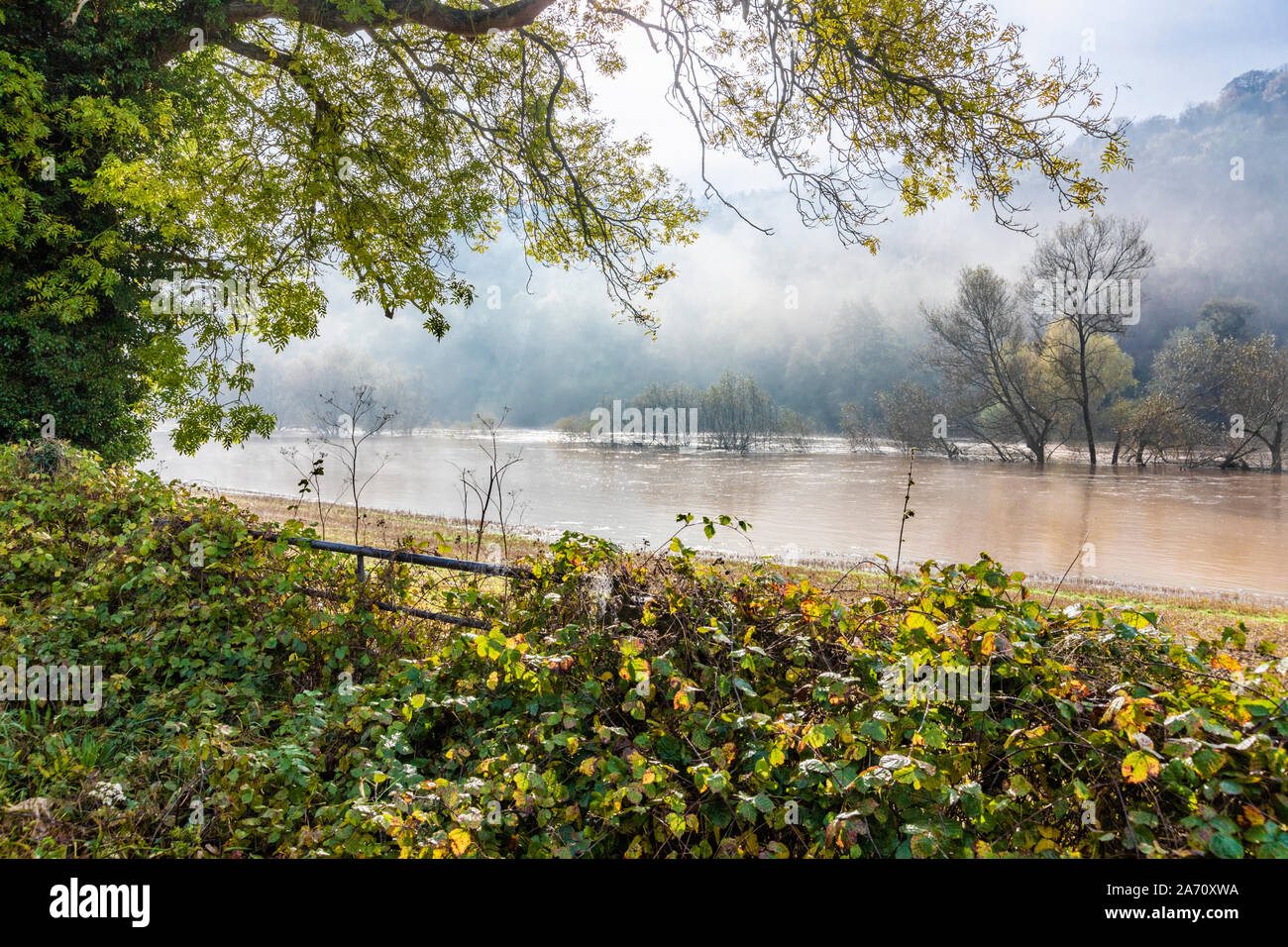 Mist rising over the River Wye in flood by the B4234 on 28.10.2019 near ...