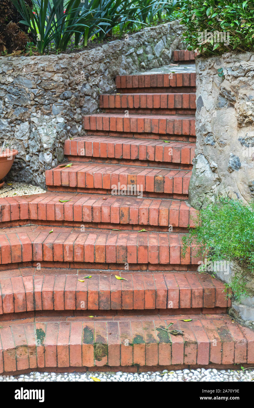 Red Brick Stairs in Garden Italy Stock Photo - Alamy