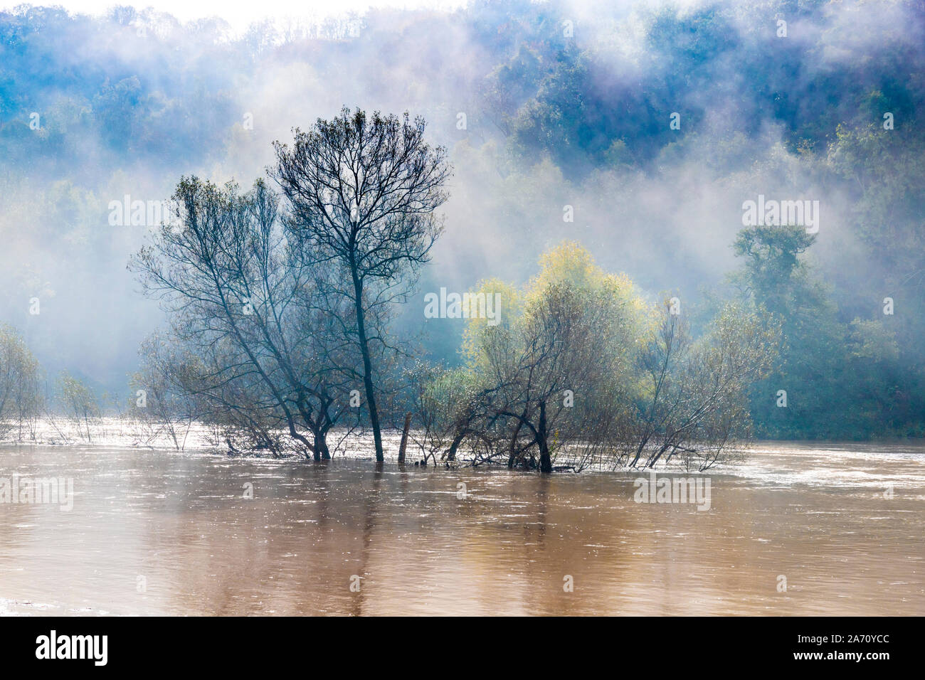 Mist rising over the River Wye in flood by the B4234 on 28.10.2019 near ...