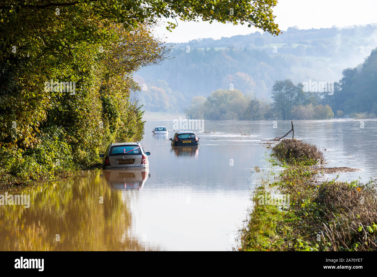 Cars stuck in flood water on the B4234 by the River Wye on 28.10.2019 ...
